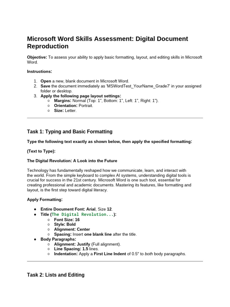 Microsoft Word Skills Assessment - Digital Document Reproduction | PDF ...