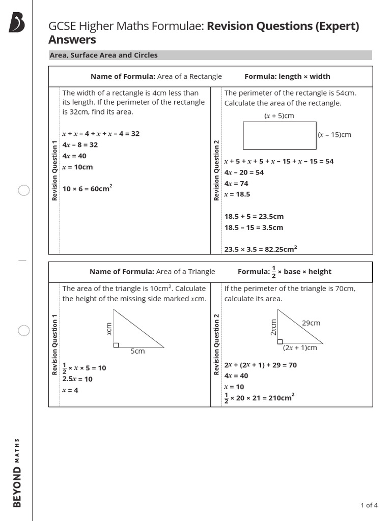 GCSE Higher Maths Formulae Revision Questions (Expert) Answers | PDF ...