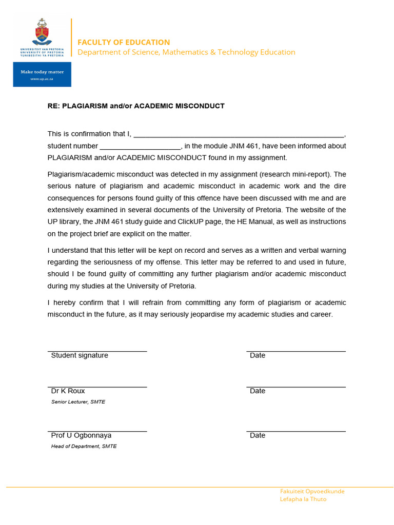 JNM 461 Plagiarism and Misconduct Letter | PDF