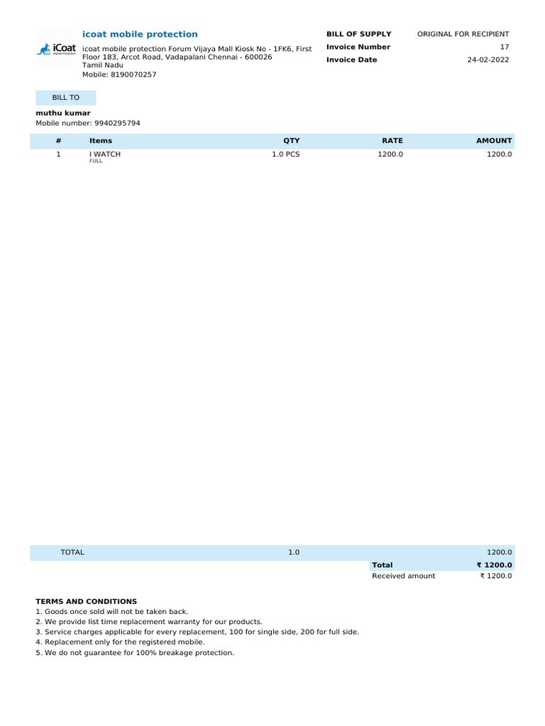 ICoat Protection IWatch Invoice | PDF