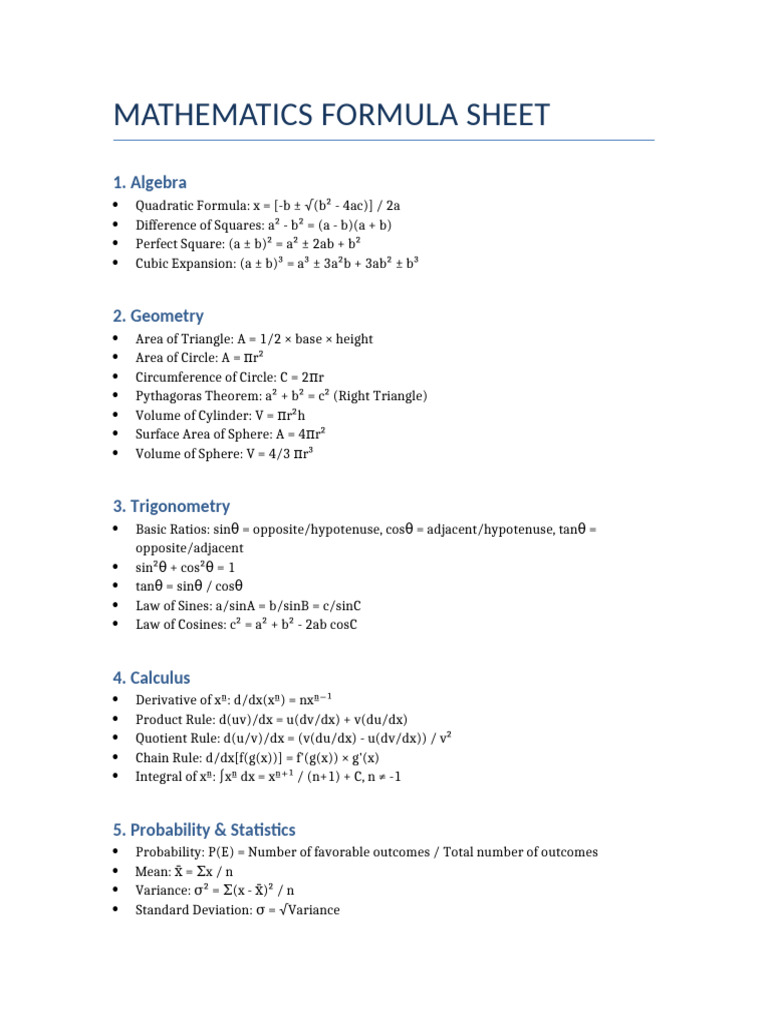 Mathematics Formula Sheet | PDF