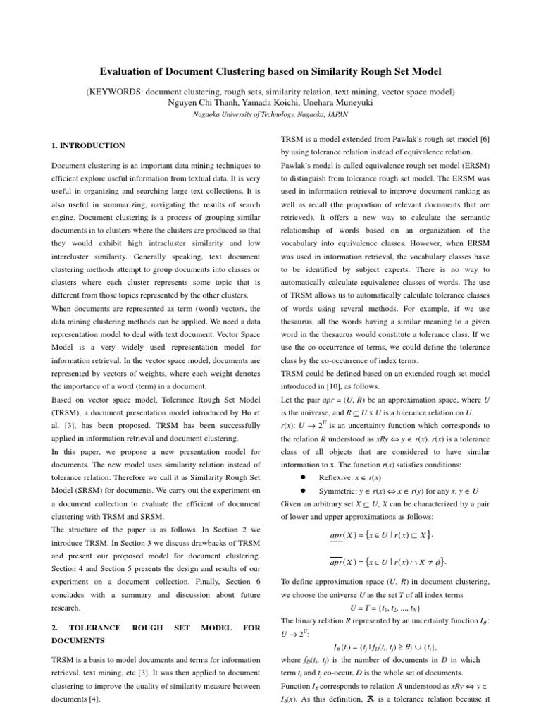 Evaluation of a Similarity Rough Set Model for Improving Document Clustering Based on Vector ...