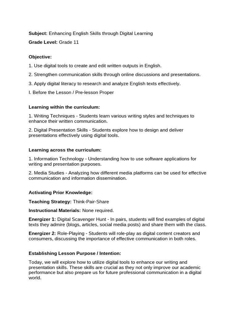 Lesson - Plan - Enhancing English Skills Through Digital Learning | PDF ...