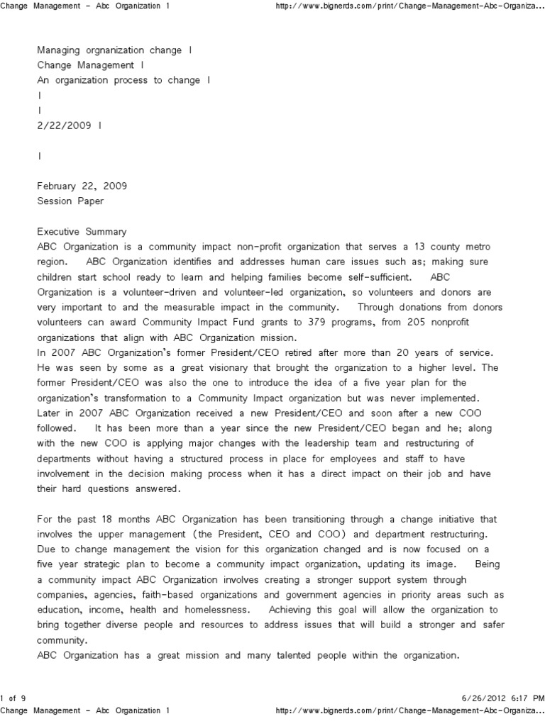 Change Management - ABC Organization 1 | PDF | Change Management | Goal