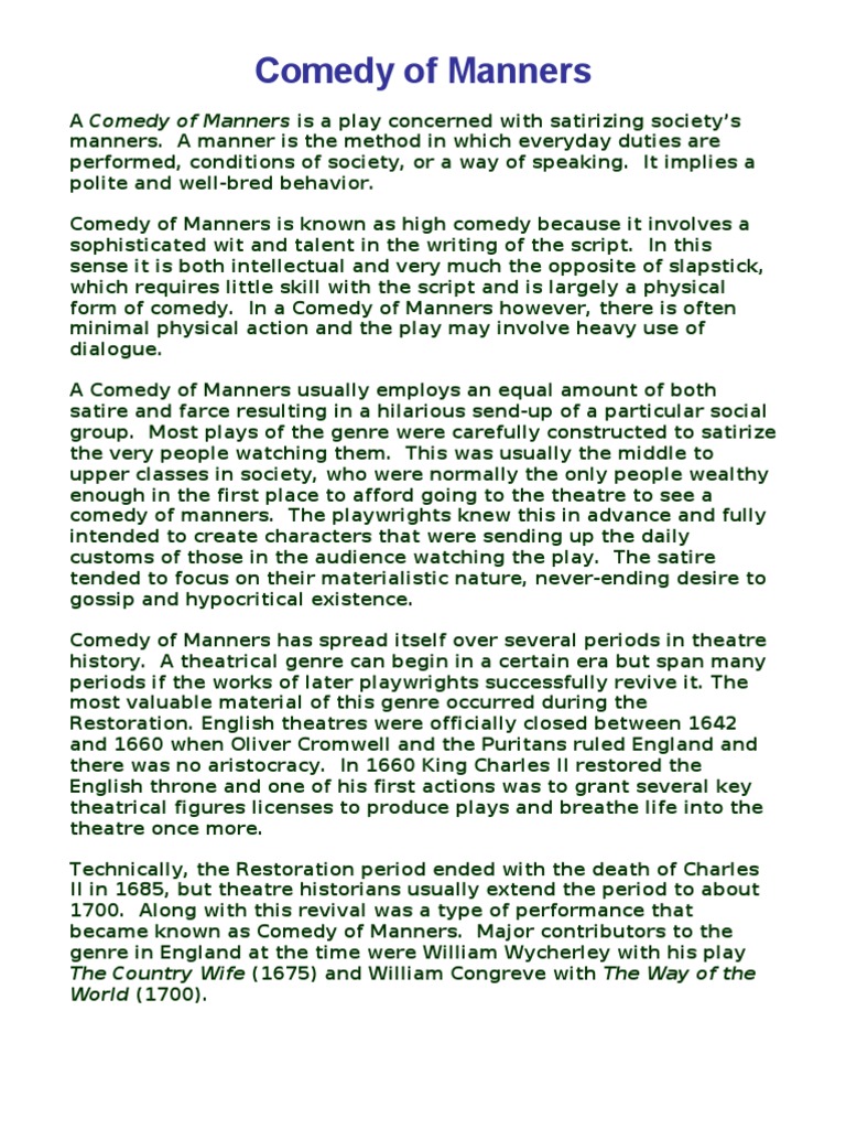 Comedy of Manners Fact Sheet (From Theatrelinks - Com) | PDF | Play ...
