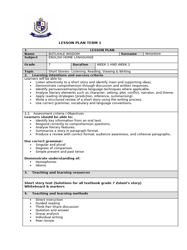 Lesson Plan Grade 7 | PDF | Reading Comprehension | Poetry