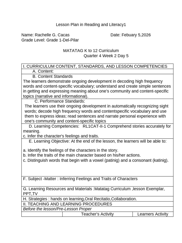 Lesson Plan in Reading and Literacy1 F 5 | PDF