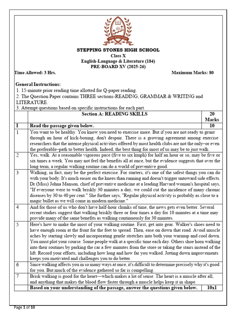 GR.X English Lang & Lit. Pre Board XV | PDF | Leadership | E Reader