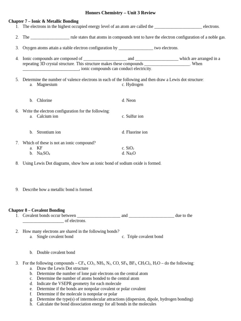 Unit 3 Review Sheet Honors | PDF | Chemical Bond | Ionic Bonding