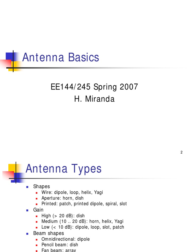 Antenna Basics: EE144/245 Spring 2007 H. Miranda | PDF