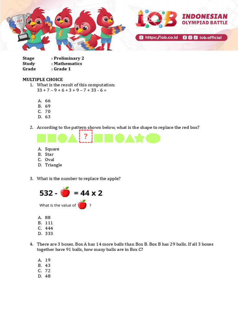Preliminary 2 - Math Exam - Grade 1 (En) | PDF