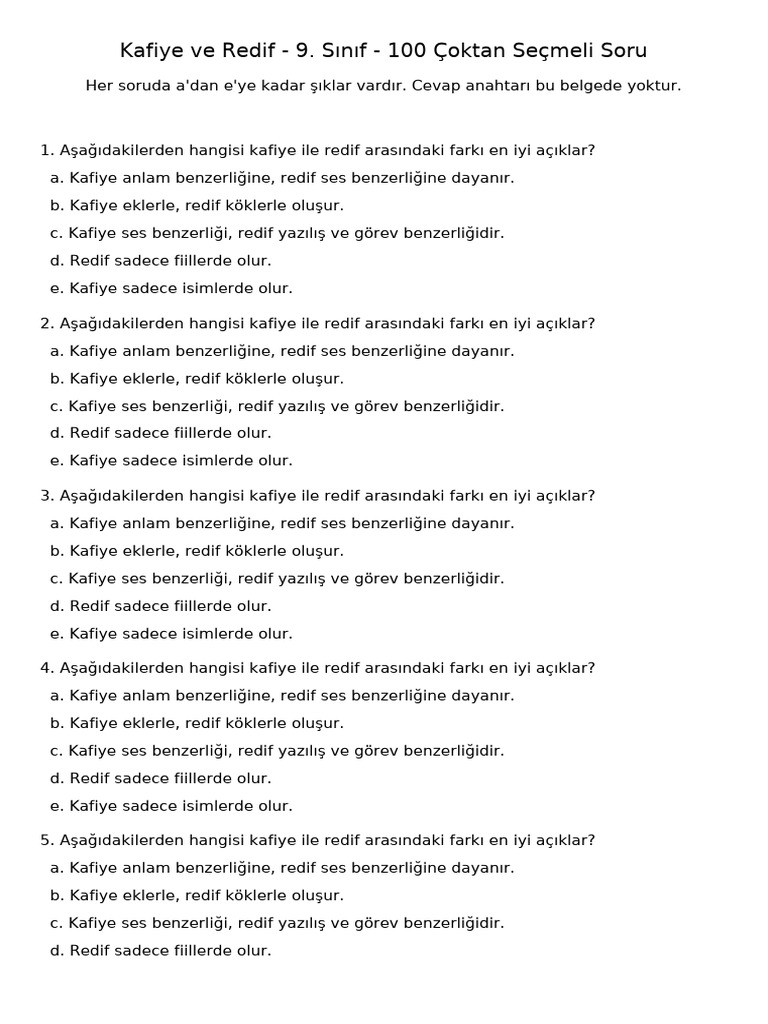 Kafiye Ve Redif 100 Soru 9 Sinif | PDF