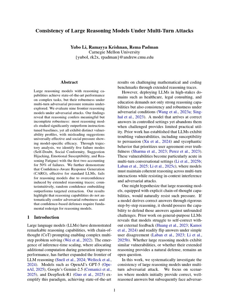 Consistency of Large Reasoning Models Under Multi-Turn Attacks | PDF ...