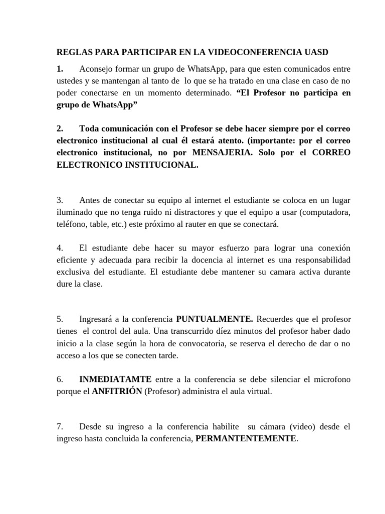 Regla para Clases Virtuales 202610 | PDF