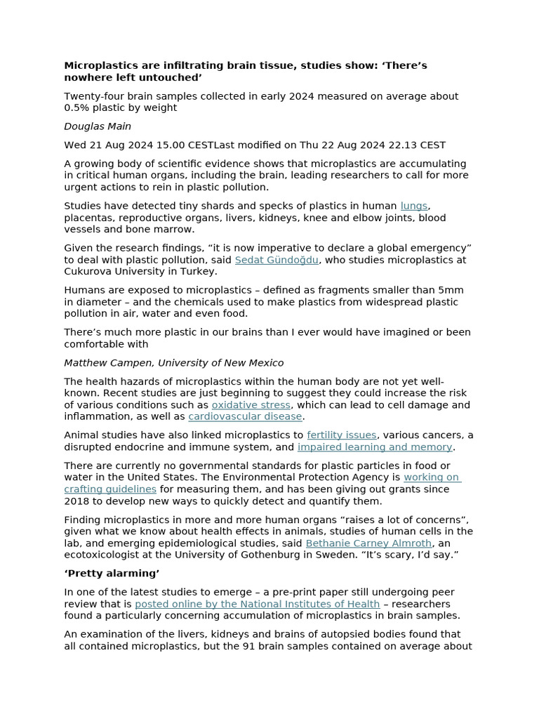 Microplastics Are Infiltrating Brain Tissue | PDF | Medical Specialties