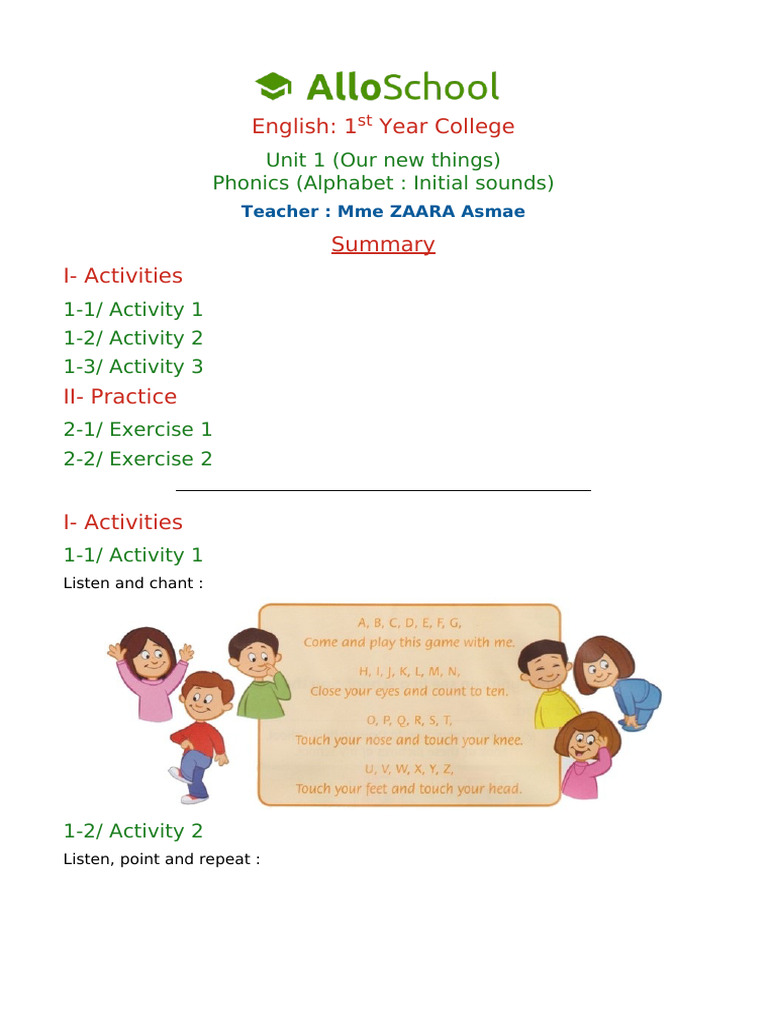 Unit 1 Phonics Alphabet Initial Sounds 2 | PDF