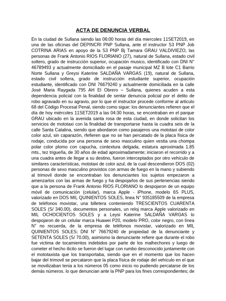 Acta de Denuncia Verbal Cantante | PDF | Apple Inc.