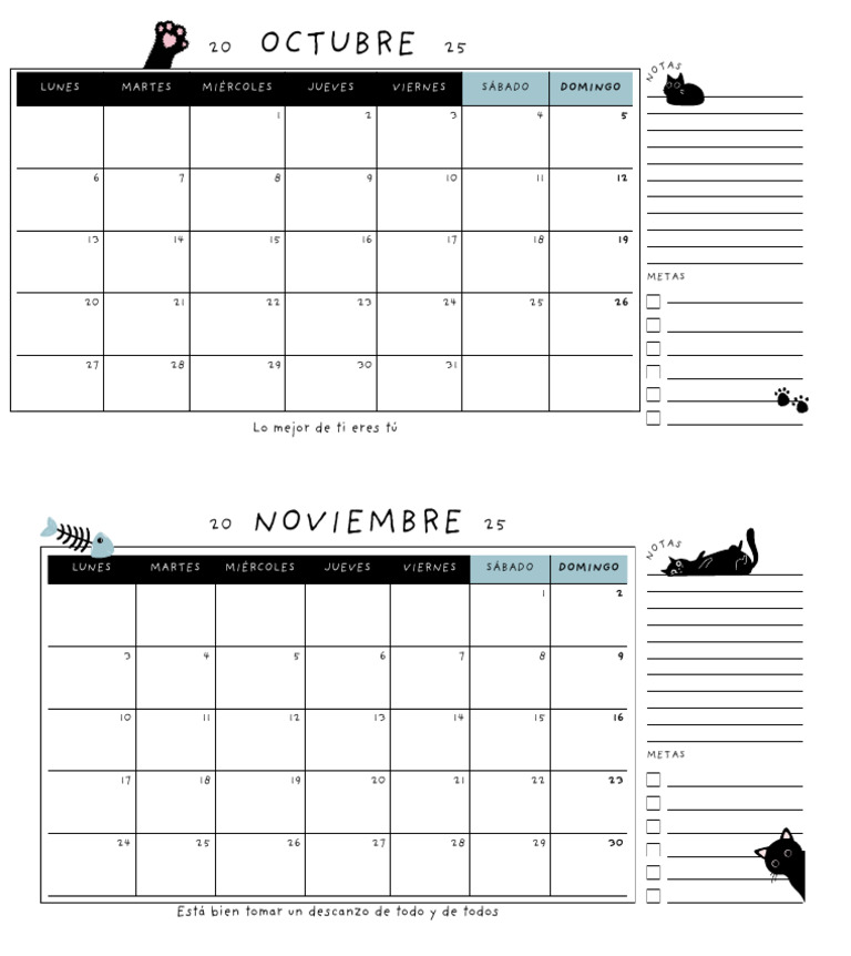Calendario 2025 Gatos Mes Visto Ilustrado Azul y Negro | PDF