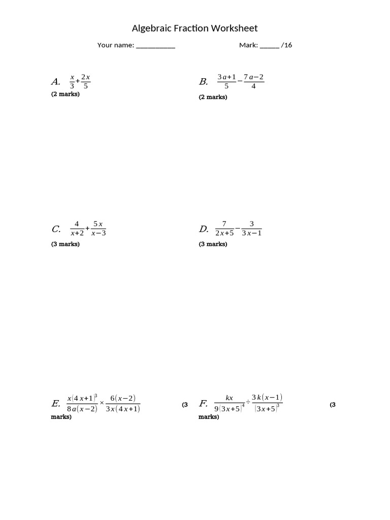 Algebraic Fraction Worksheet | PDF