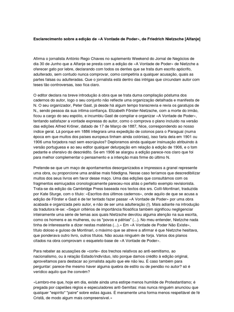 A Vontade de Poder, Nietzsche (Esclarecimento) | PDF | Friedrich ...