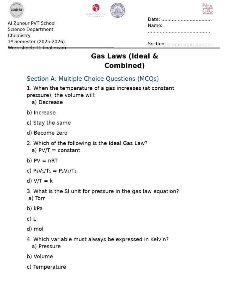 Gr11 Combined and Ideal Gas Final Exam Worksheet | PDF