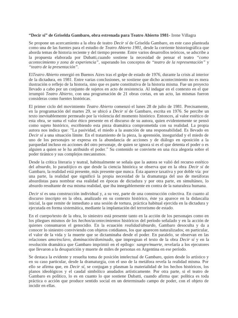 "Decir Sí" de Griselda Gambaro, Obra Estrenada para Teatro Abierto 1981 ...
