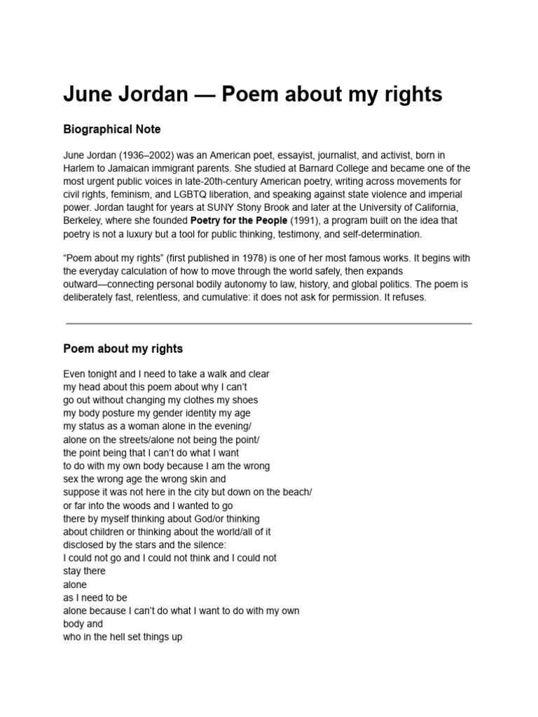 June Jordan - Poem About My Rights | PDF
