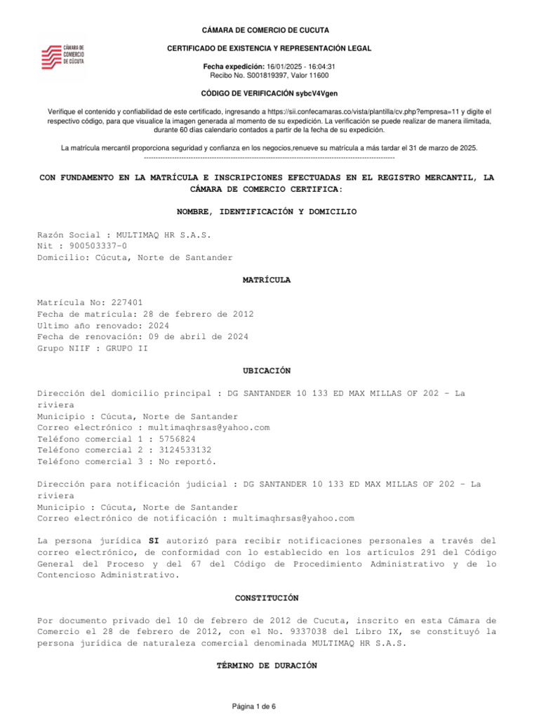 Certificado de Existencia y Representación Legal - Multimaq HR Sas ...