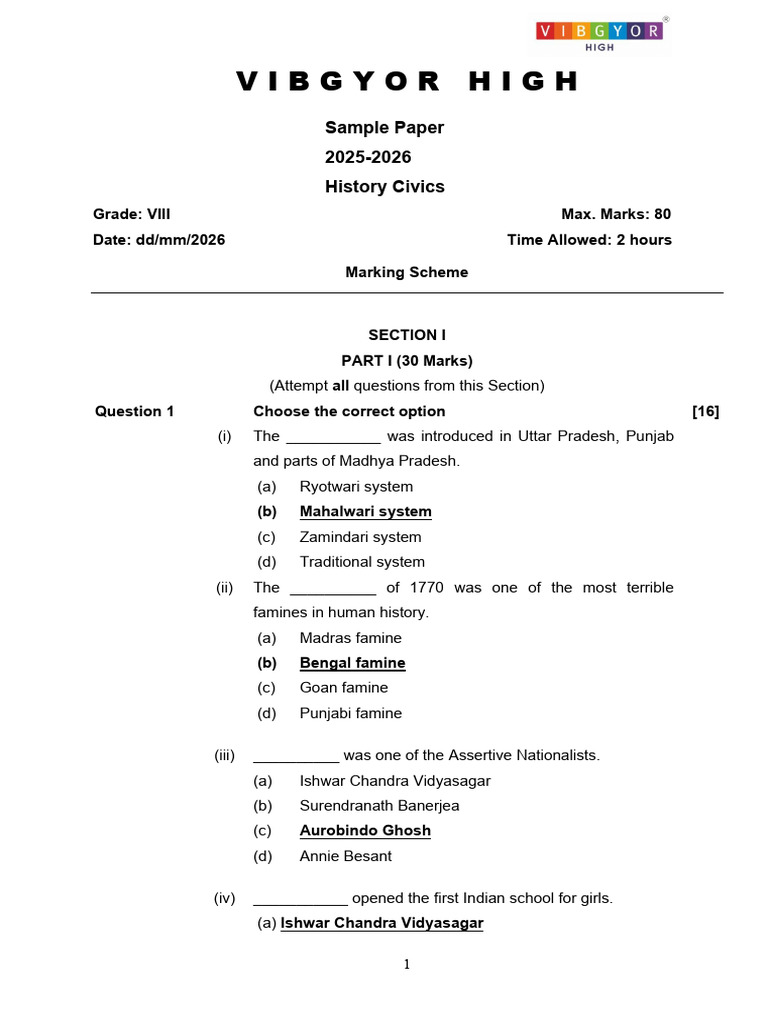 CISCE Grade 8 Term 2 History & Civics MS Kharghar | PDF