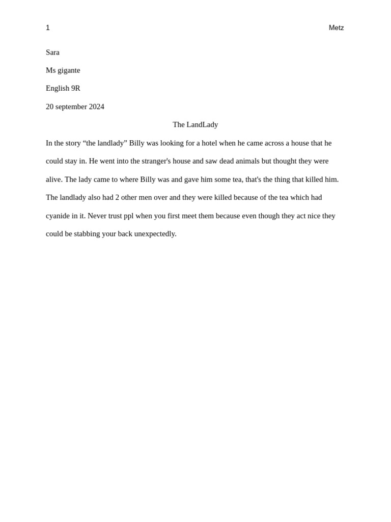 Body Paragraph On The Landlady | PDF