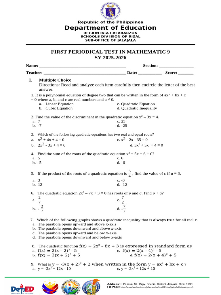 Math 9 - Periodical Exam - Quarter 1 (Ipapasa Sa District) | PDF ...