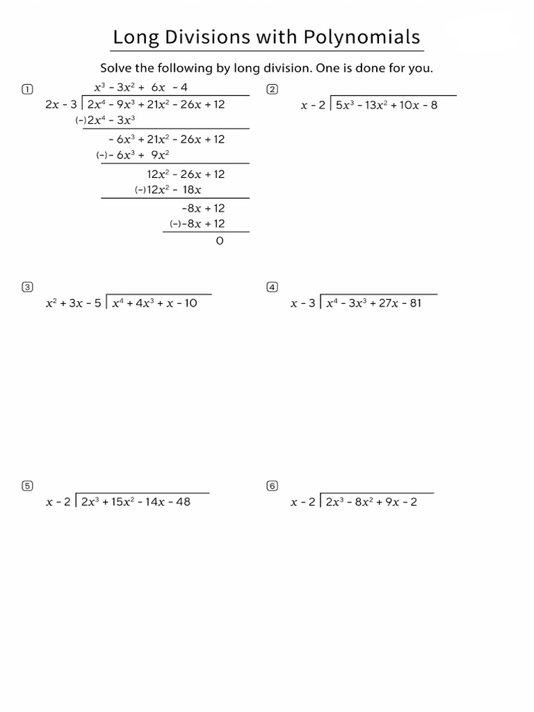 Polynomial Long Division Worksheet | PDF