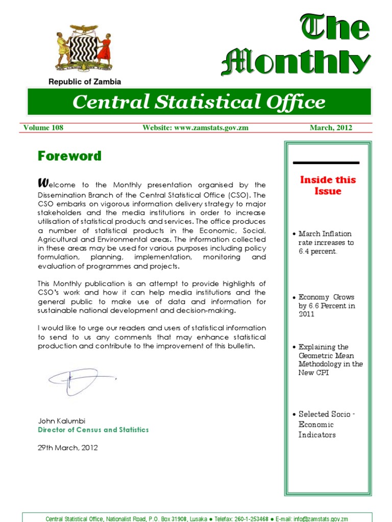 Zambia - Statistics - March 2012 | PDF | Consumer Price Index | Average
