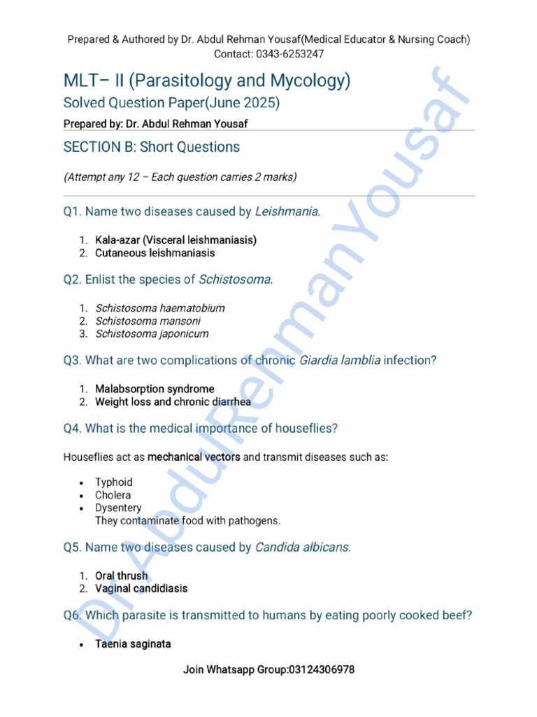 MLT-2 (Parasitology and Mycology) Solved Papper Notes by DR Abdul ...