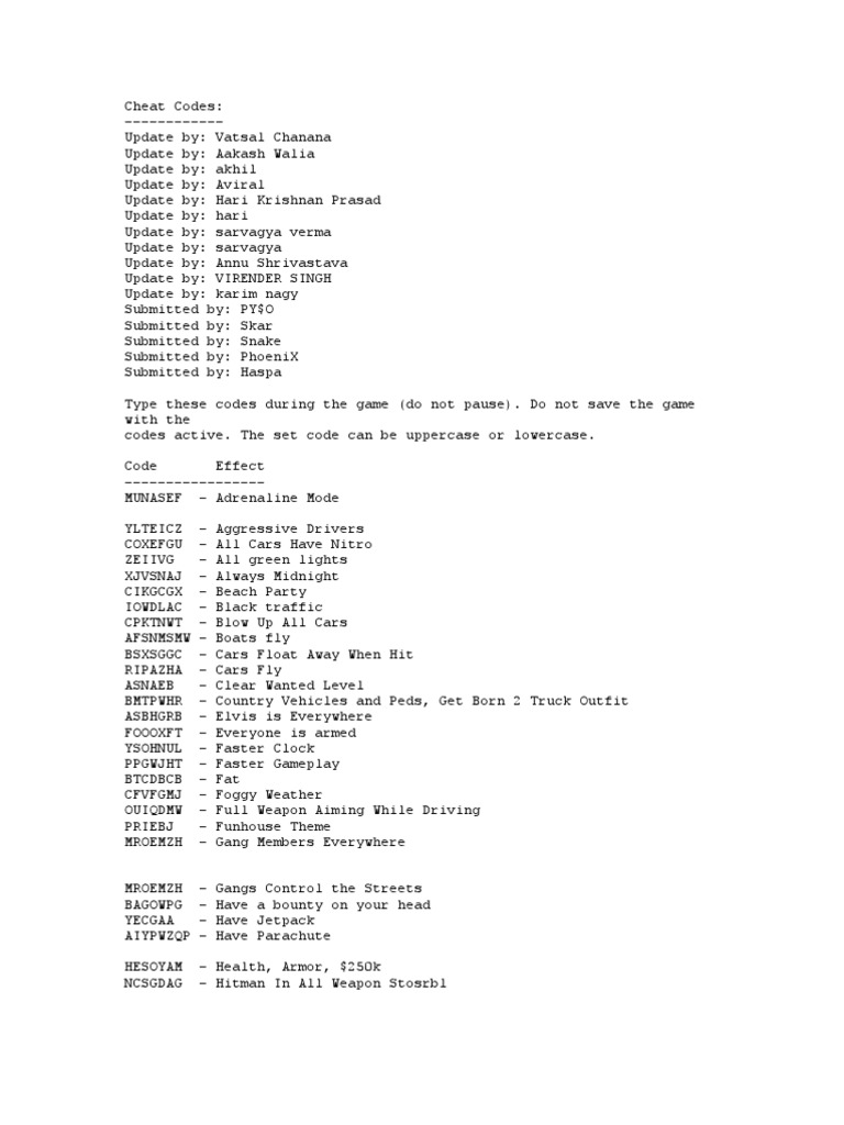 Cheat Codes Gta Game | PDF | Transport | Leisure
