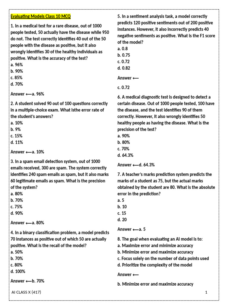 Evaluating Models Class MCQ | PDF | Accuracy And Precision | Cognitive ...