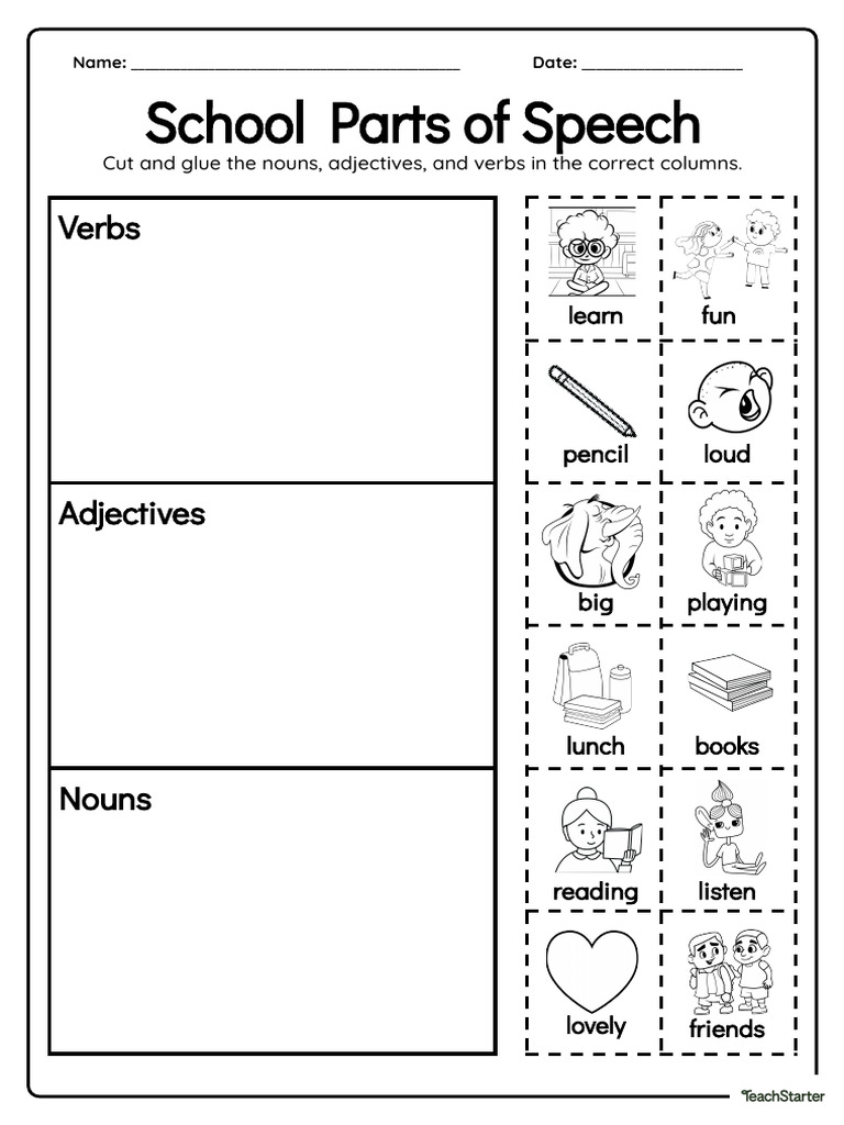 Nouns Verbsand Adjectives Cutand Paste Worksheet Adobe Reader | PDF