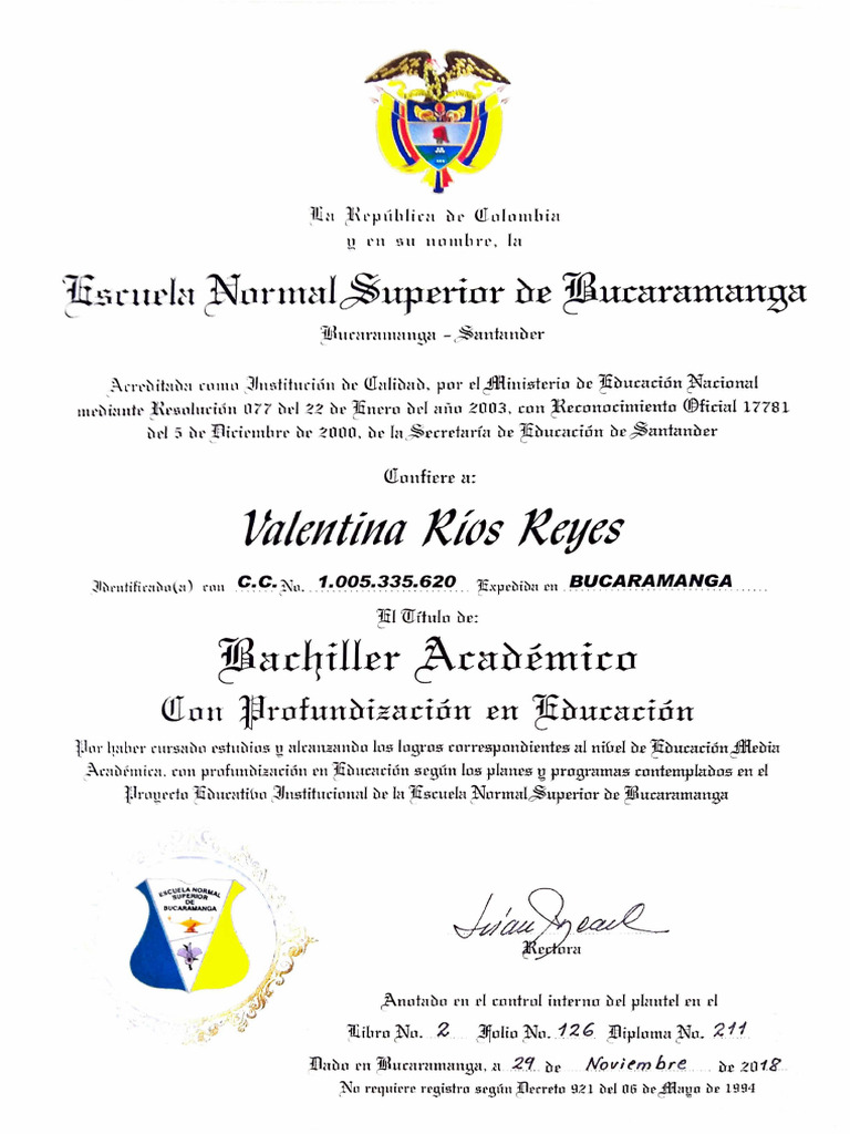 Valentina Rios - Dibloma de Bachiller PDF | PDF