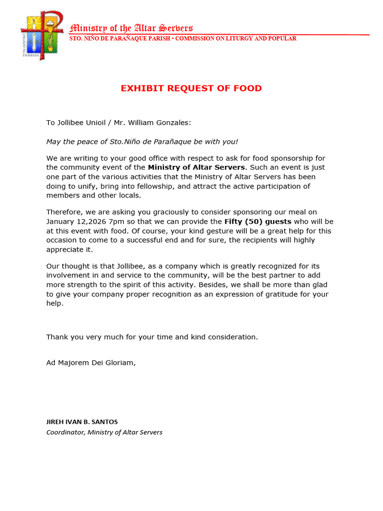 Request Letter For Food - Jollibee | PDF