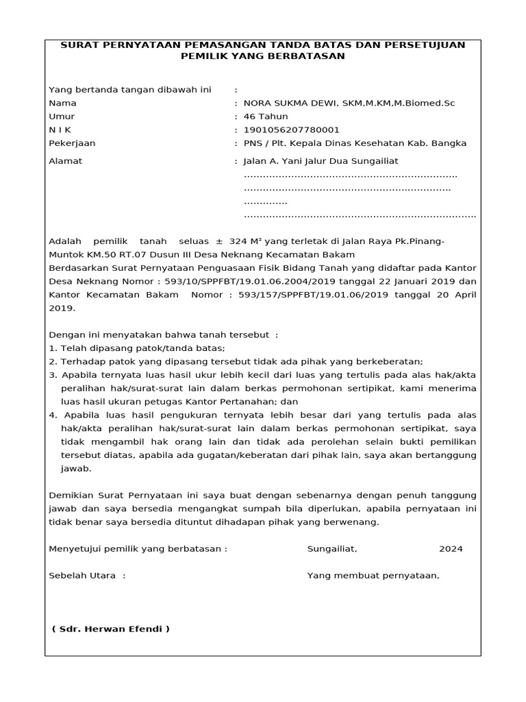 Surat Pernyataan Pemasangan Tanda Batas Dan Persetujuan Pemilik Yang ...