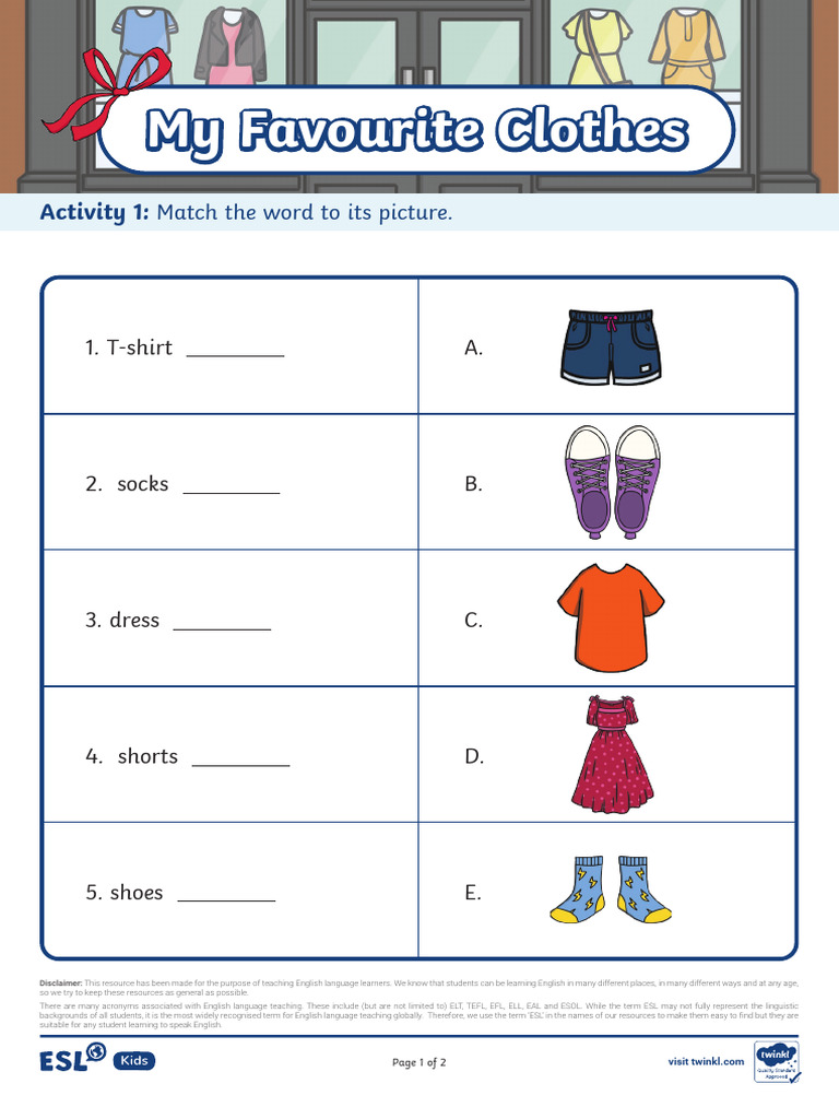 Esl My Favourite Clothes Writing Activity Kids A1 Ver 2 | PDF | English ...