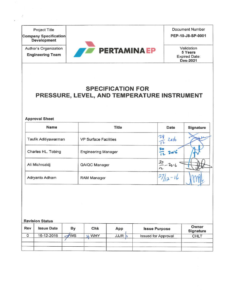 PEP-10-J8-SP-0001 Specification For Pressure, Level and Temperature ...
