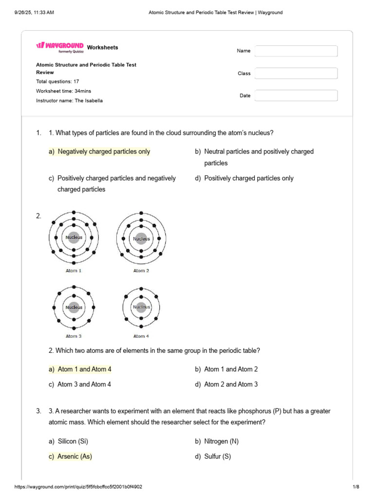 Atomic Structure and Periodic Table Test Review - Wayground | PDF ...