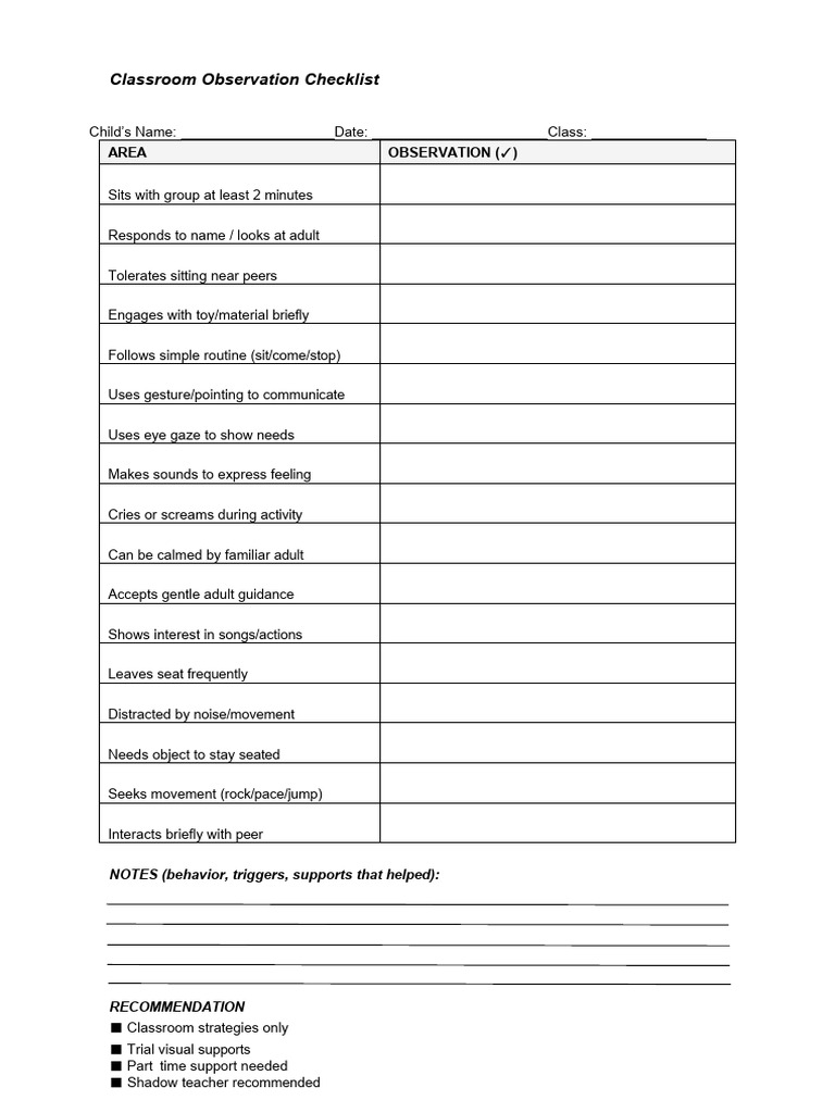Preschool Observation Checklist OnePage | PDF