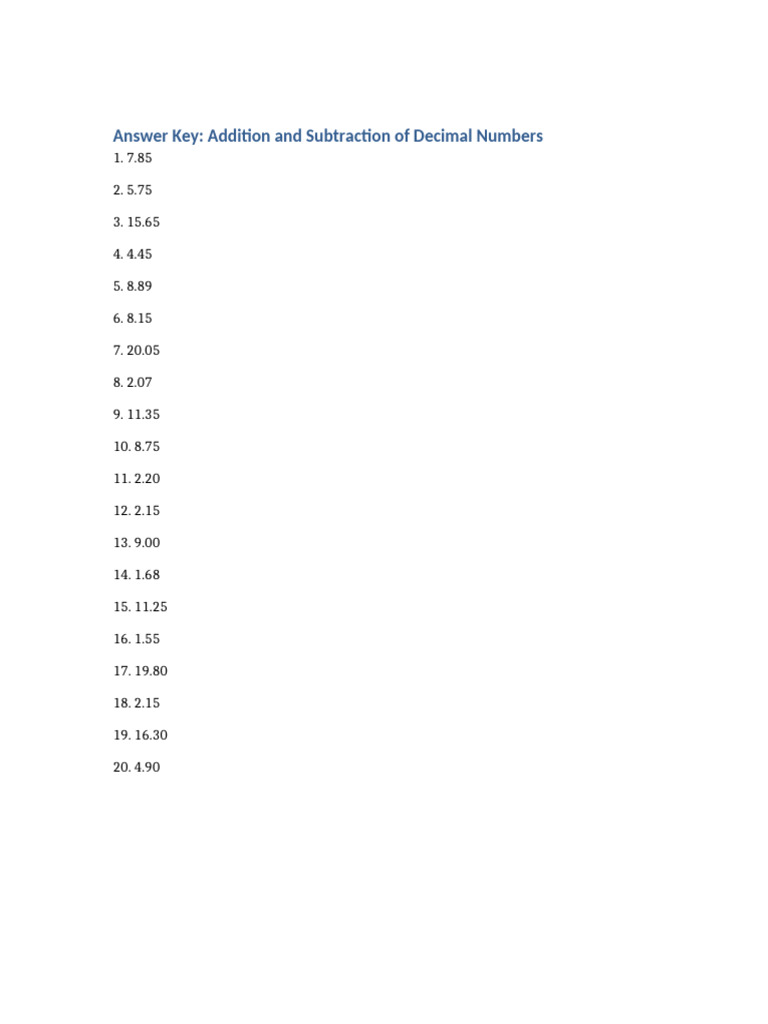 Addition and Subtraction of Decimals Answer Key | PDF