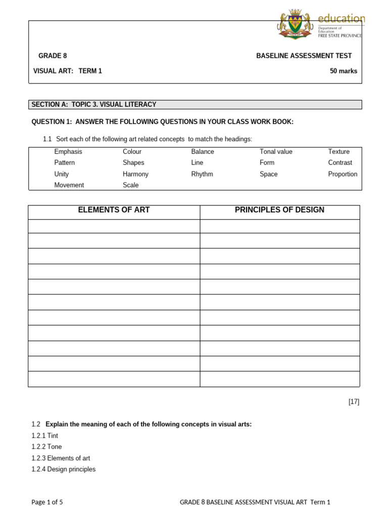 Baseline Assessment QP Visual Art Gr. 8 Term 1 | PDF