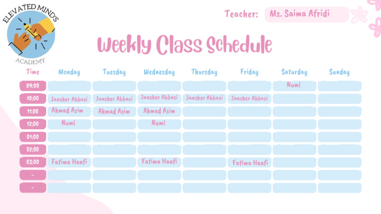 Ms. Saima Afridi Weekly Class Schedule | PDF