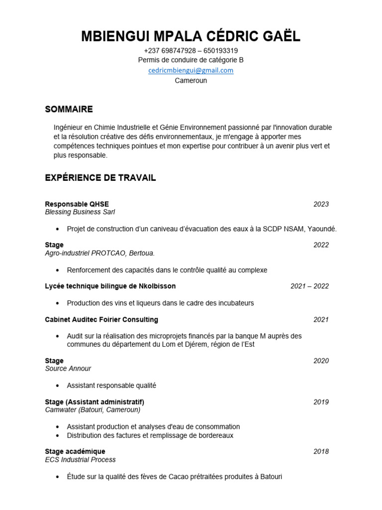 CV Canadien Mbiengui Mpala Cédric Gaël | PDF | Microsoft Office