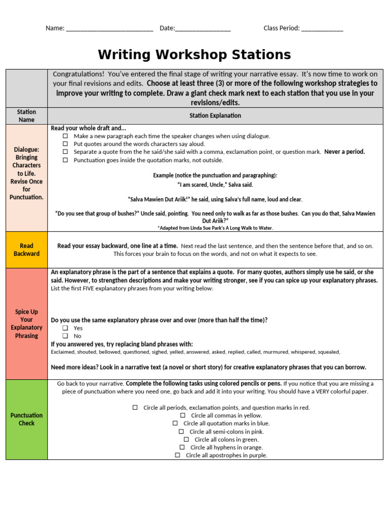 Writing Workshop Stations Rev | PDF | Punctuation