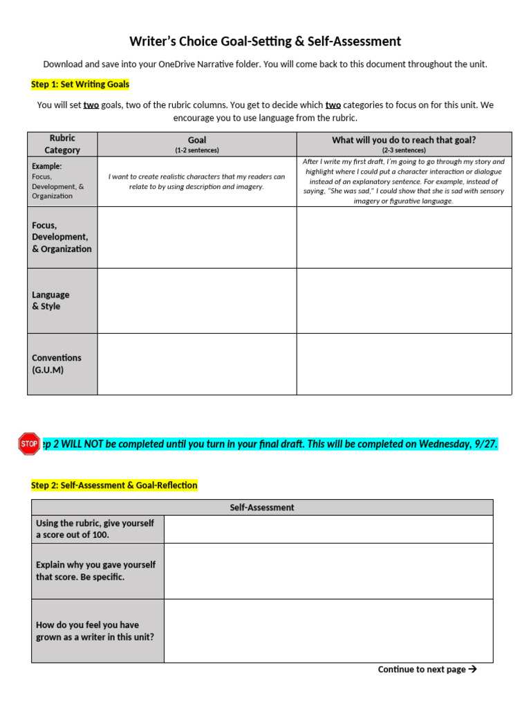 Narrative Writing Goal Setting | PDF